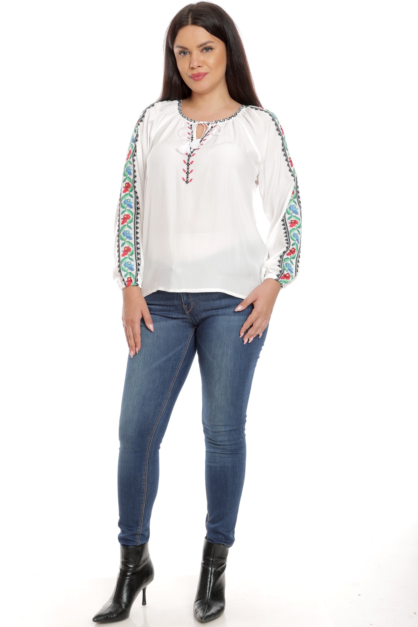 Ie traditionala romaneasca, imitatie matase, alba, broderie florala ...