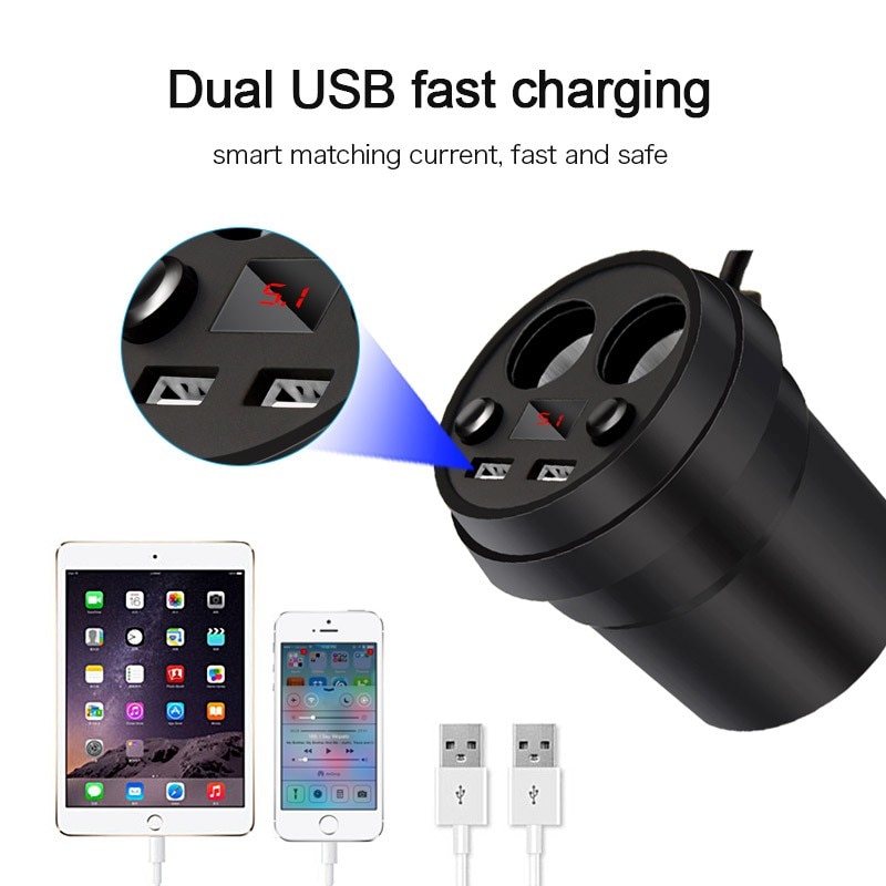 Distribuitor bricheta auto cu 2 prize, 2 mufe USB, afisaj si incarcare ...