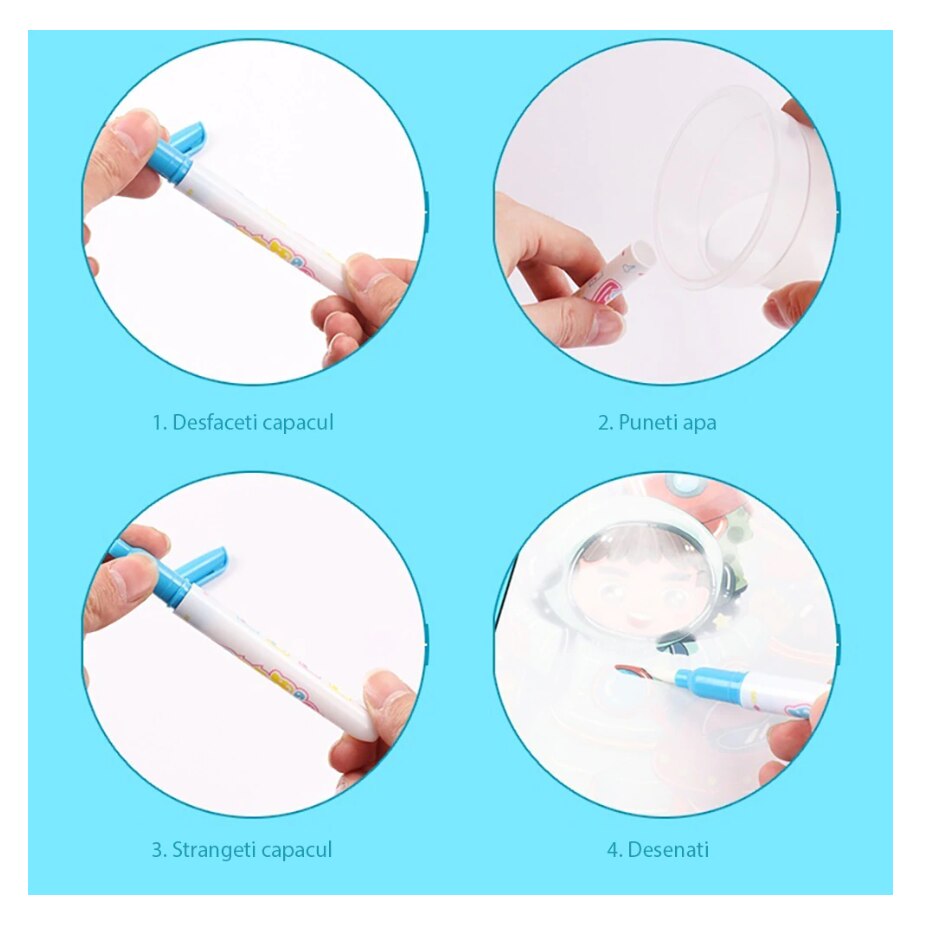 Carte de colorat cu apa, reutilizabila, 8 pagini, 4 imagini, Magic ...