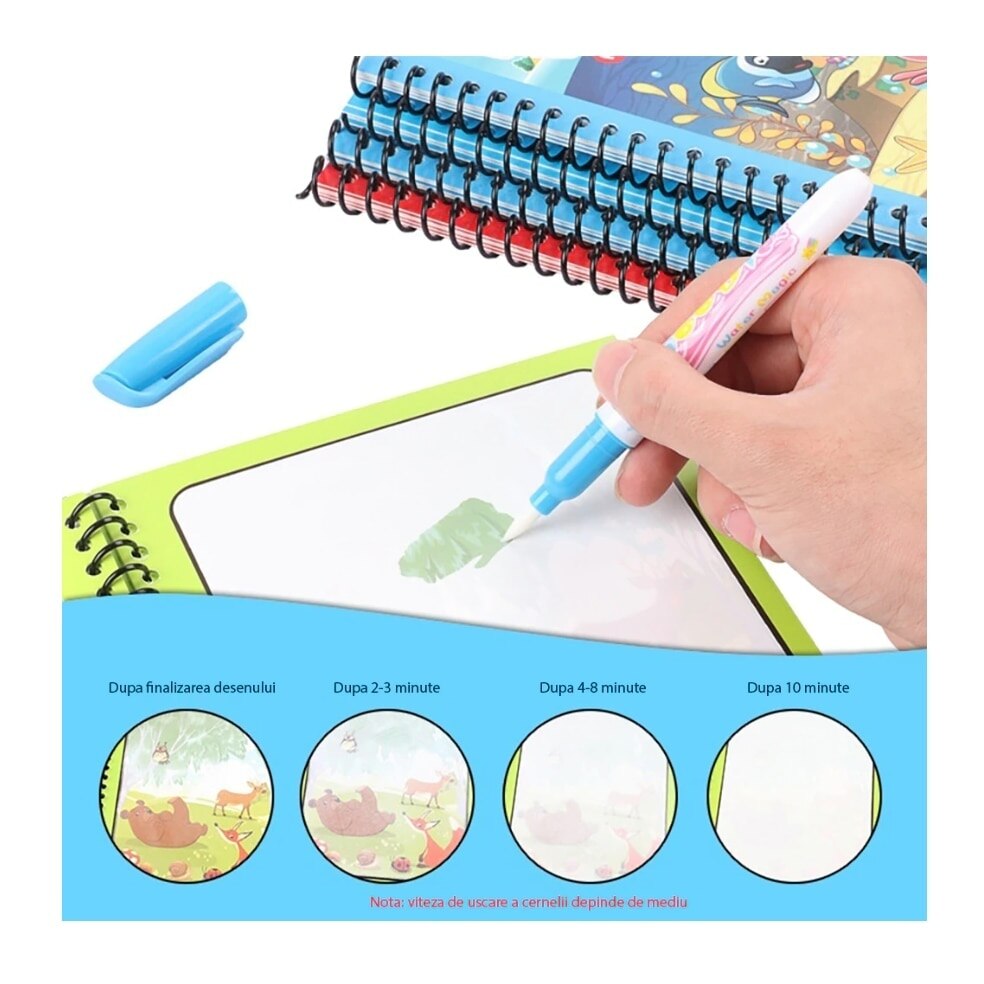 Carte de colorat cu apa, reutilizabila, 8 pagini, 4 imagini, Magic ...