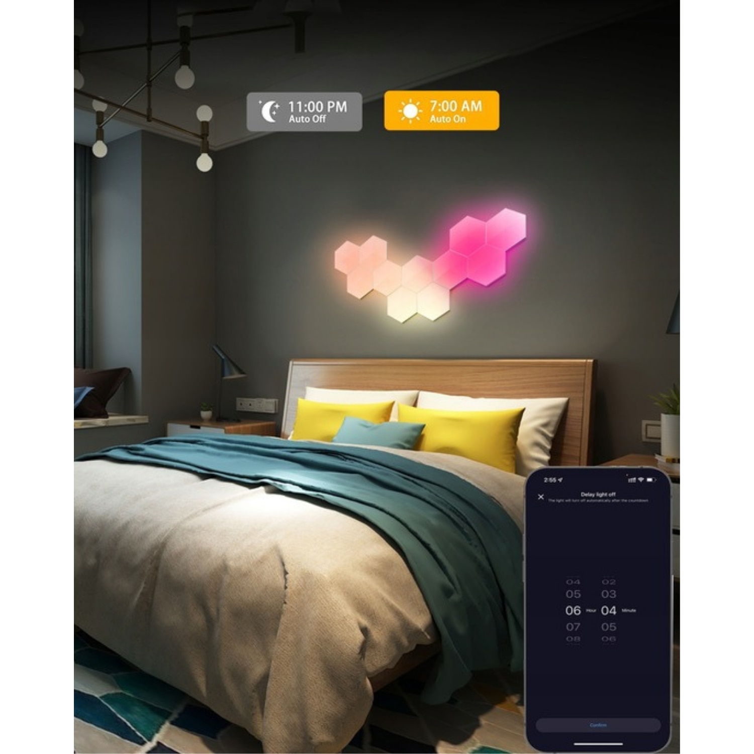 Lampa led modulara de perete, kit 6 panouri hexagon inteligente RGBI ...