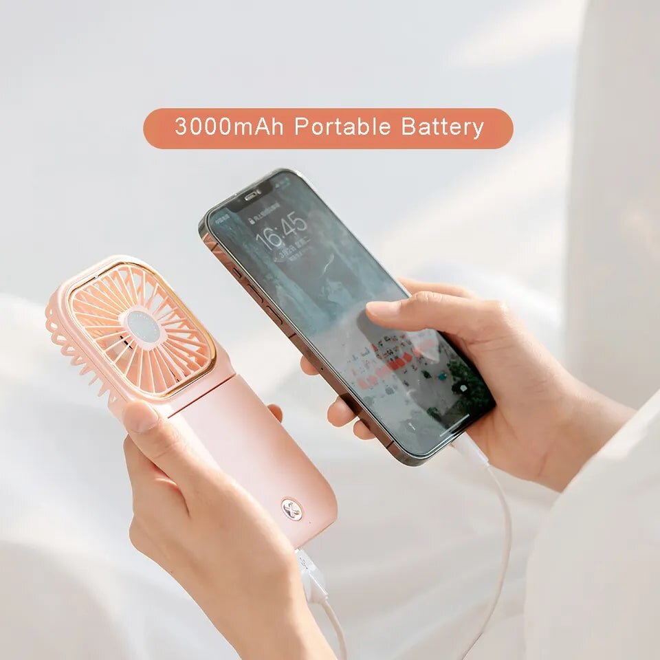 Ventilator portabil si pliabil cu suport de telefon si baterie externa 3000mAH, USB, 3 trepte de ...