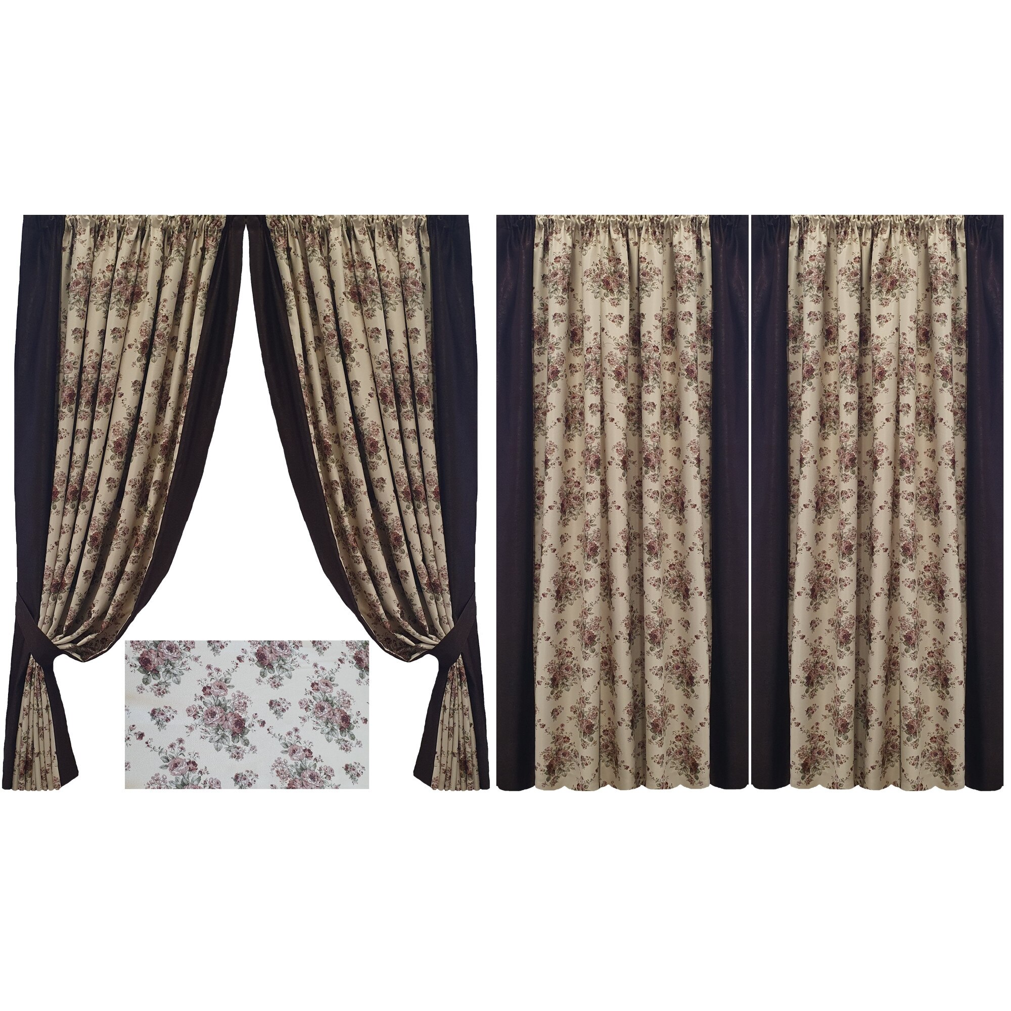 Set 2 draperii DECORINT pe rejansa DR.80 model floral, maro uni ...