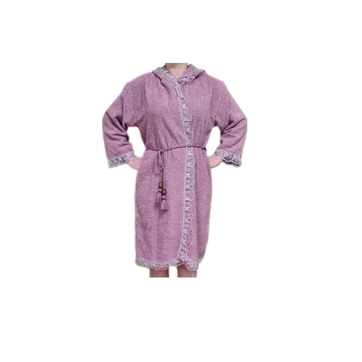 Halat de baie dama cu gluga, din bumbac, cu dantela, mov, marime L-XL ...
