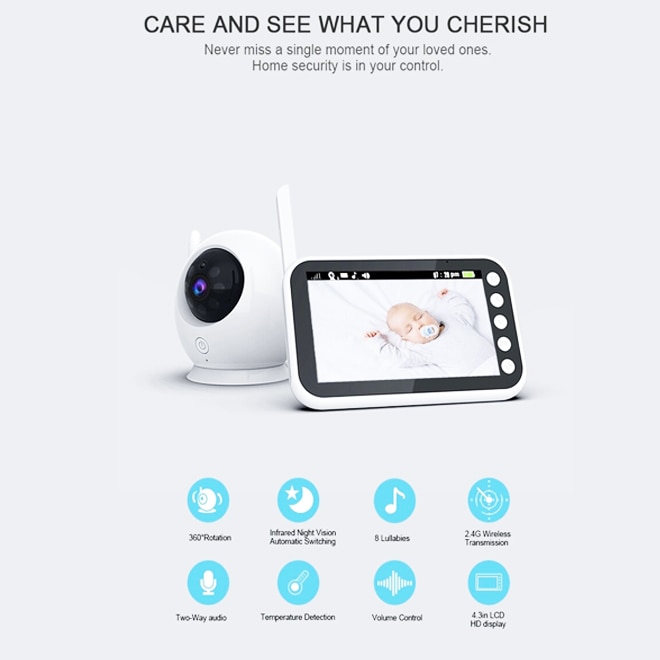 Bébimonitor ABM100S, baba audio/videó megfigyelő rendszer, 360°-os ...