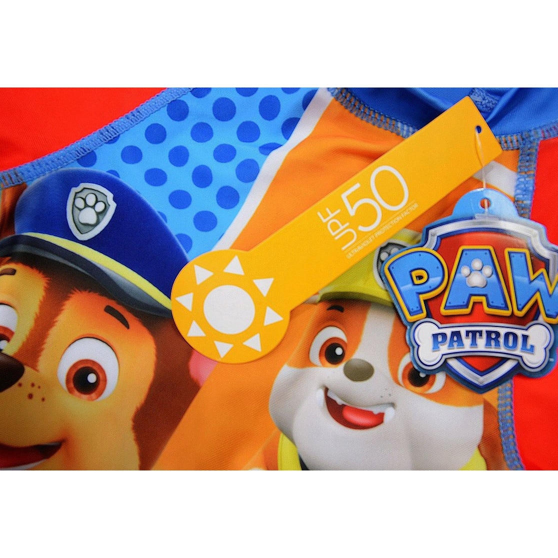 Costum de baie UV cu maneci scurte si fermoar Paw Patrol, All paws on deck Albastru 110-116 cm ...