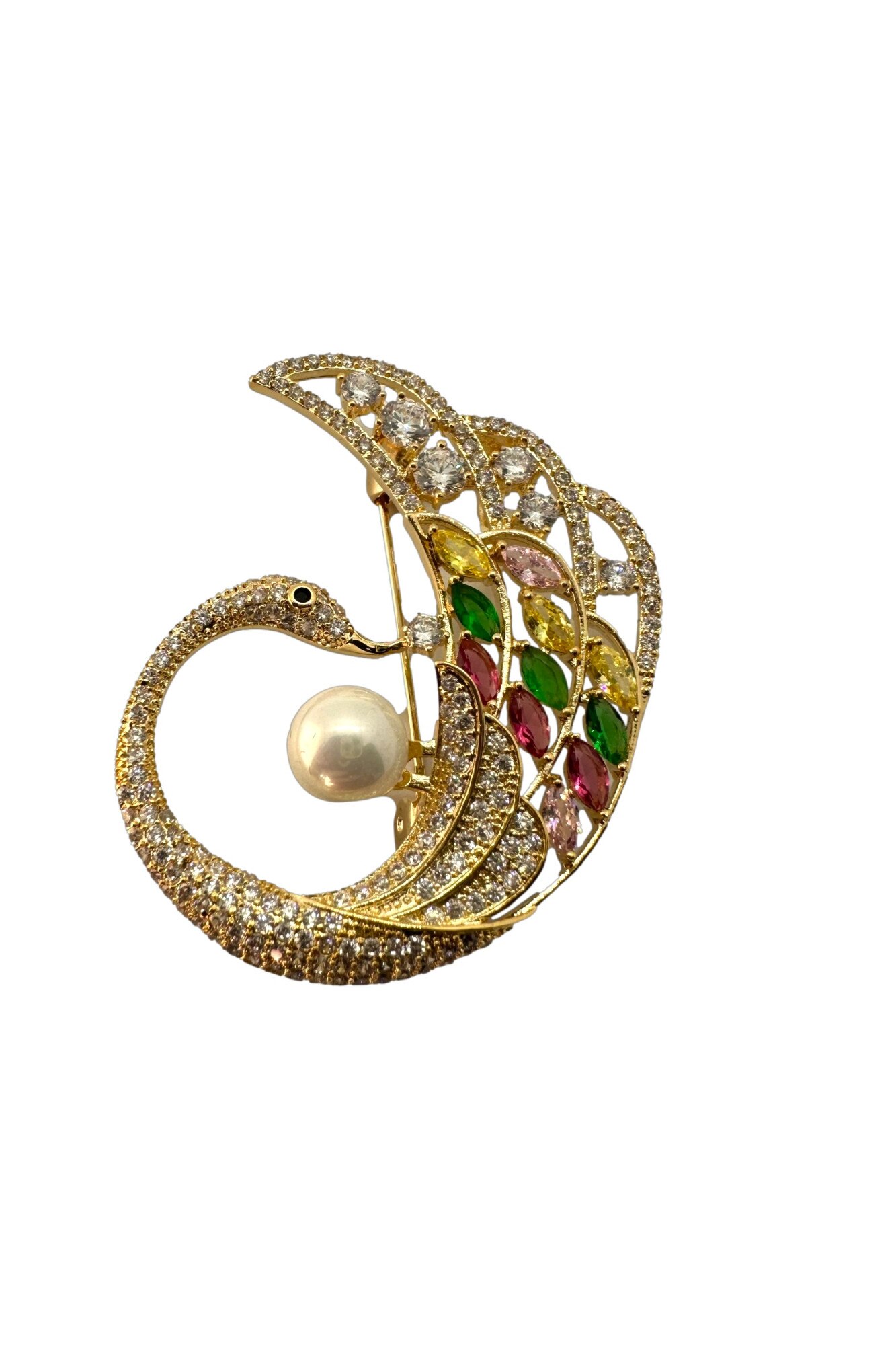 Martisor brosa Swan pearl color, Swarovski, auriu, multicolor, inox ...