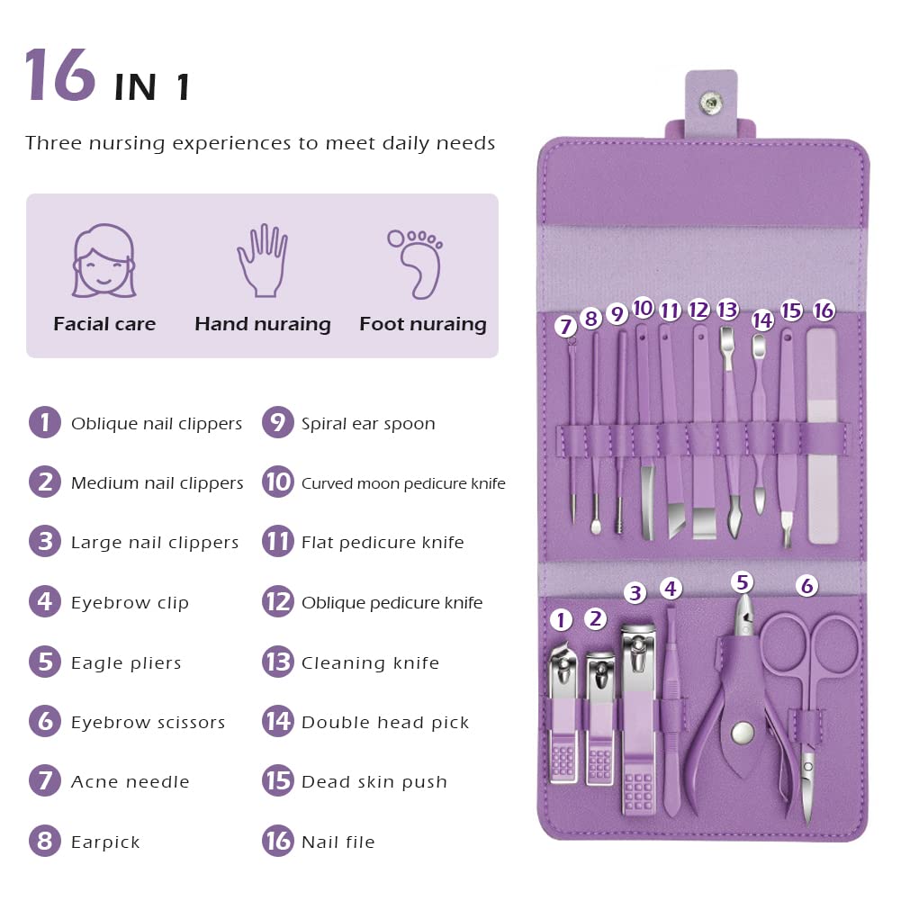 Trusa Manichiura Pedichiura, profesionala, 16 piese, otel inoxidabil, pila de sticla, foarfeca ...