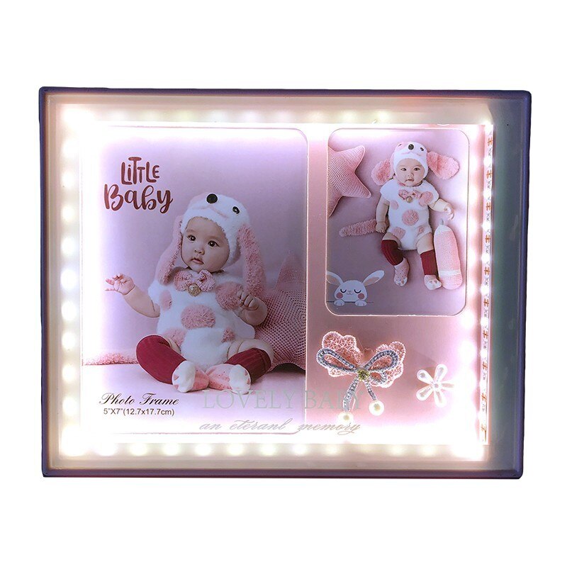 Rama foto din plastic cu leduri pentru poze cu copii, roz, 25x20 cm ...