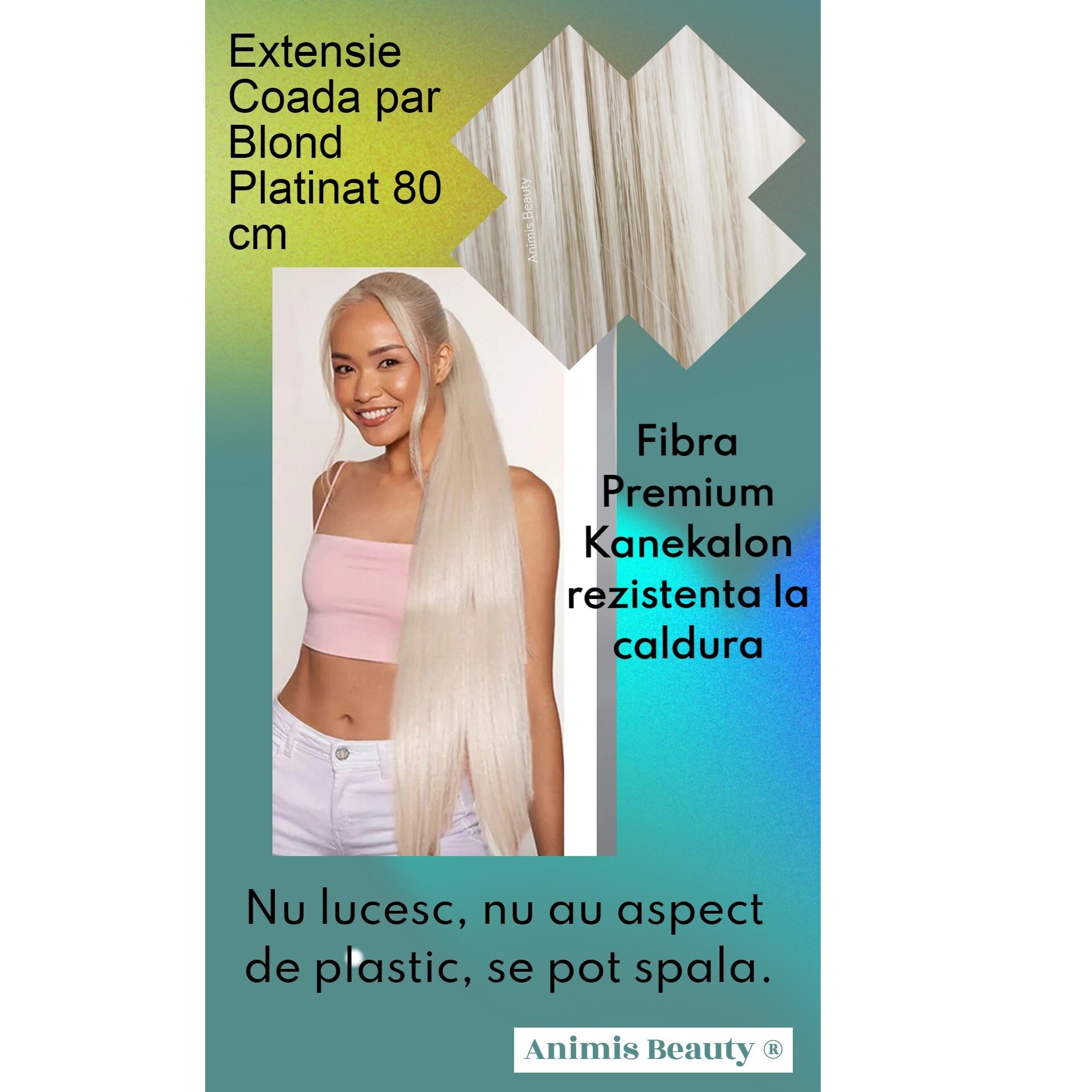 Coada par Blond Platinat, 80 cm, par lung, Animis Beauty ®, fibra ...