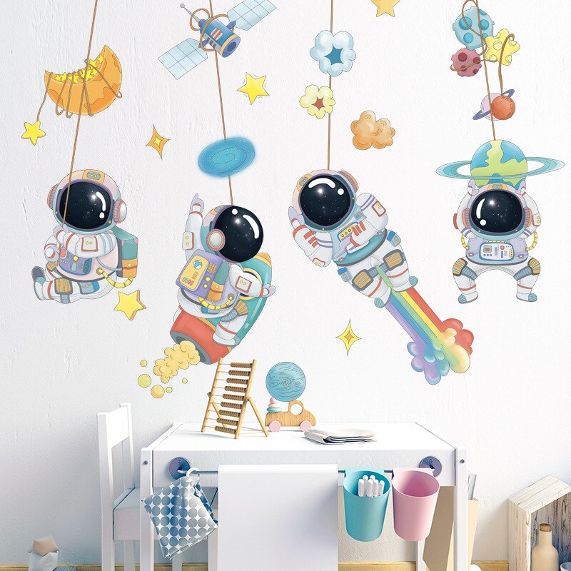 Sticker Autocolant Perete Copii, Astronauti in Spatiu, Stele, Planete ...