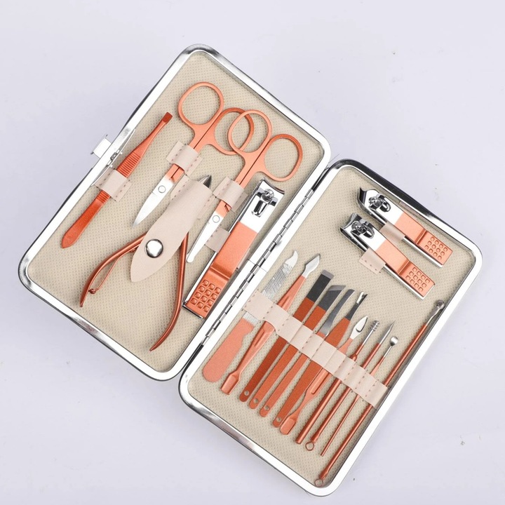 Trusa Profesionala de Manichiura Pedichiura, otel inoxidabil, 18 piese, cu pila, foarfeca ...