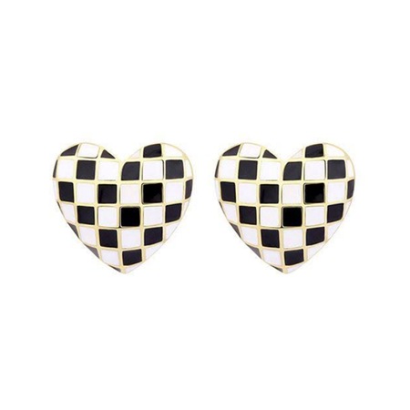 Cercei dama, vintage, forma de inima, model mozaic, alb si negru, EFAYN ...