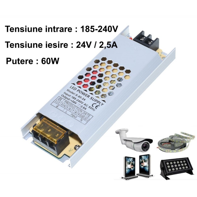 Sursa de Alimentare, Slim, Interior, 24V, 2, 5A, 60W - eMAG.ro