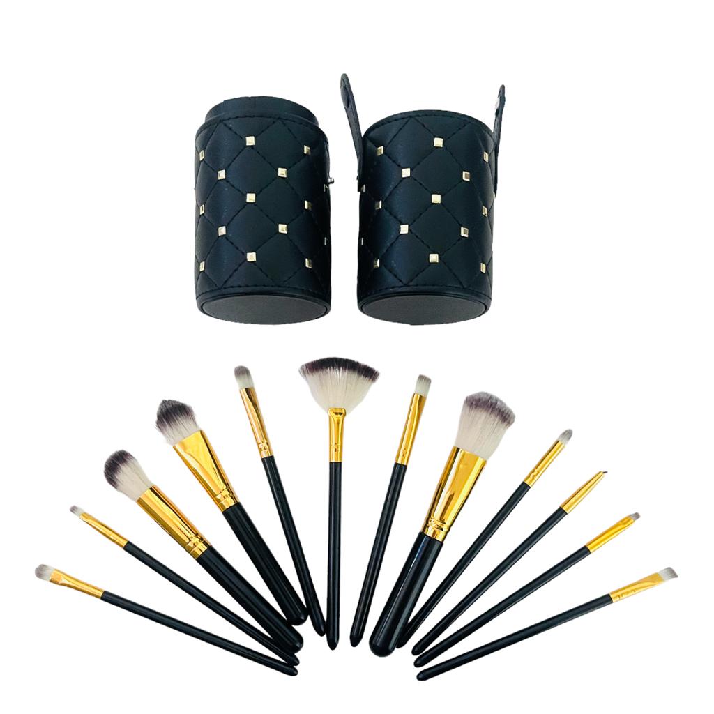 Set 12 Pensule Machiaj cu suport piele ecologica, makeup profesional ...