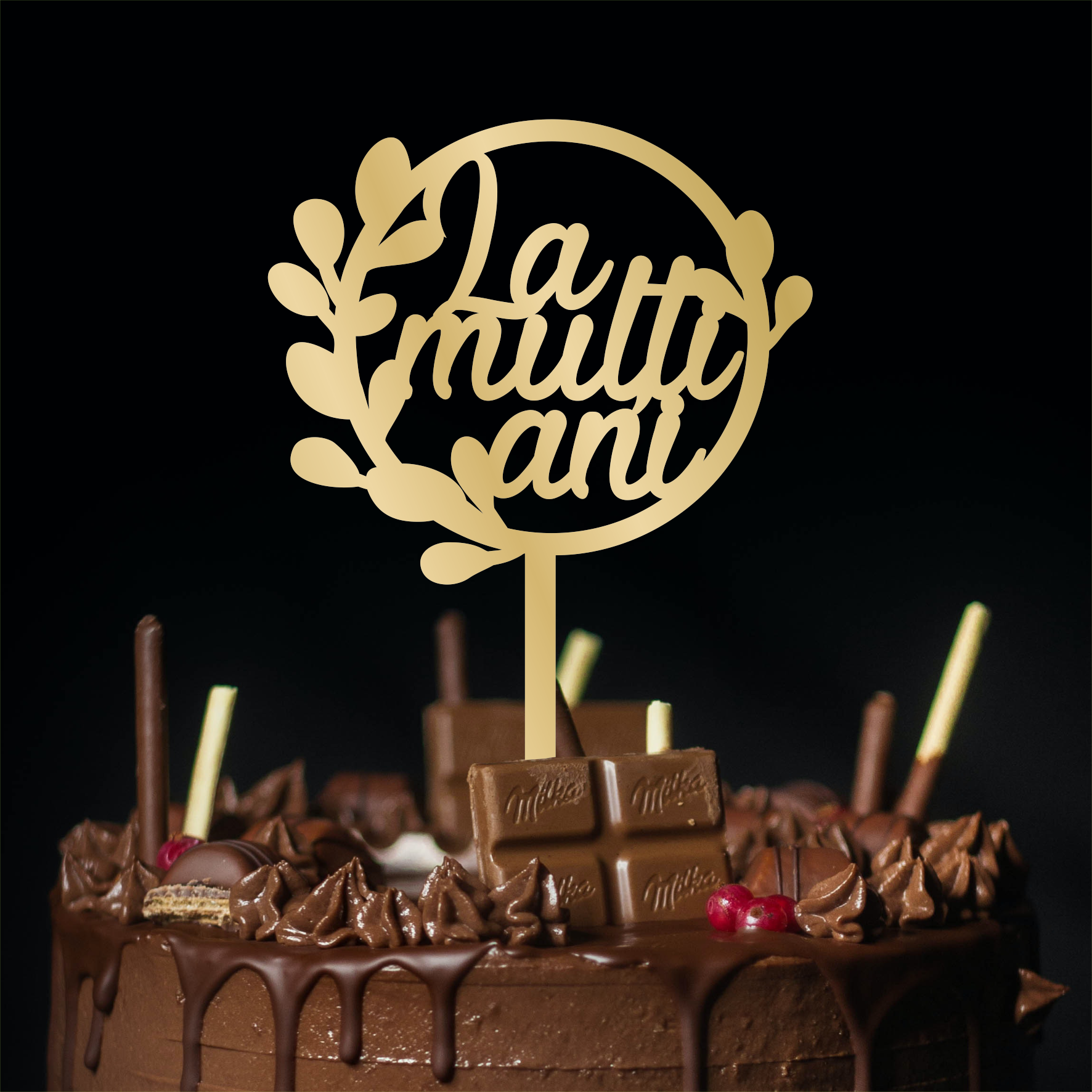 Topper tort La multi ani, Inedit Print, TC814, Oglinda Aurie, 10 cm ...