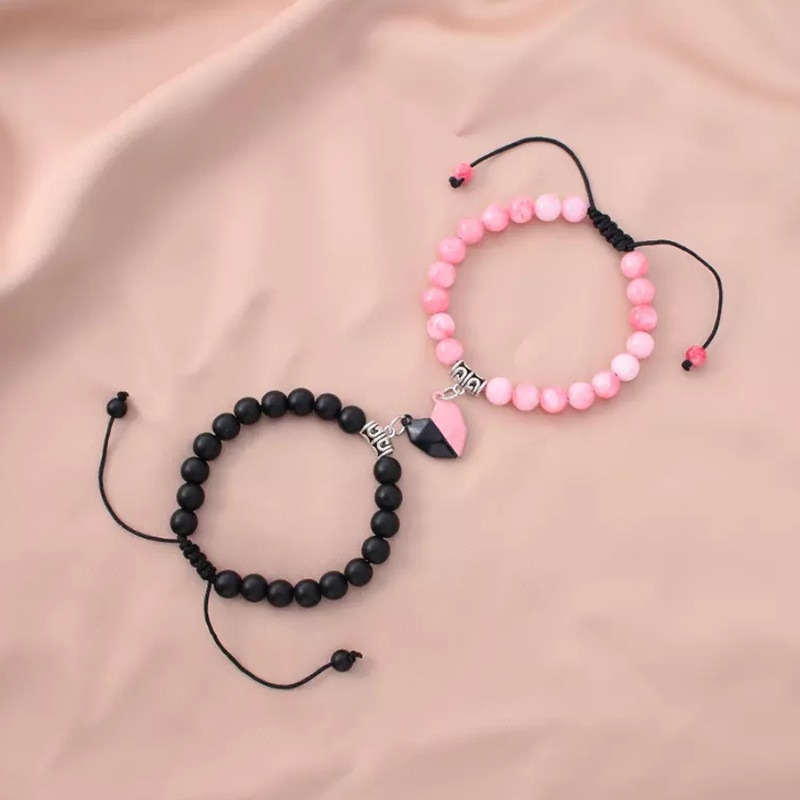 Set bratari cuplu cu inimioara magnet din roca semipretioasa, reglabile ...