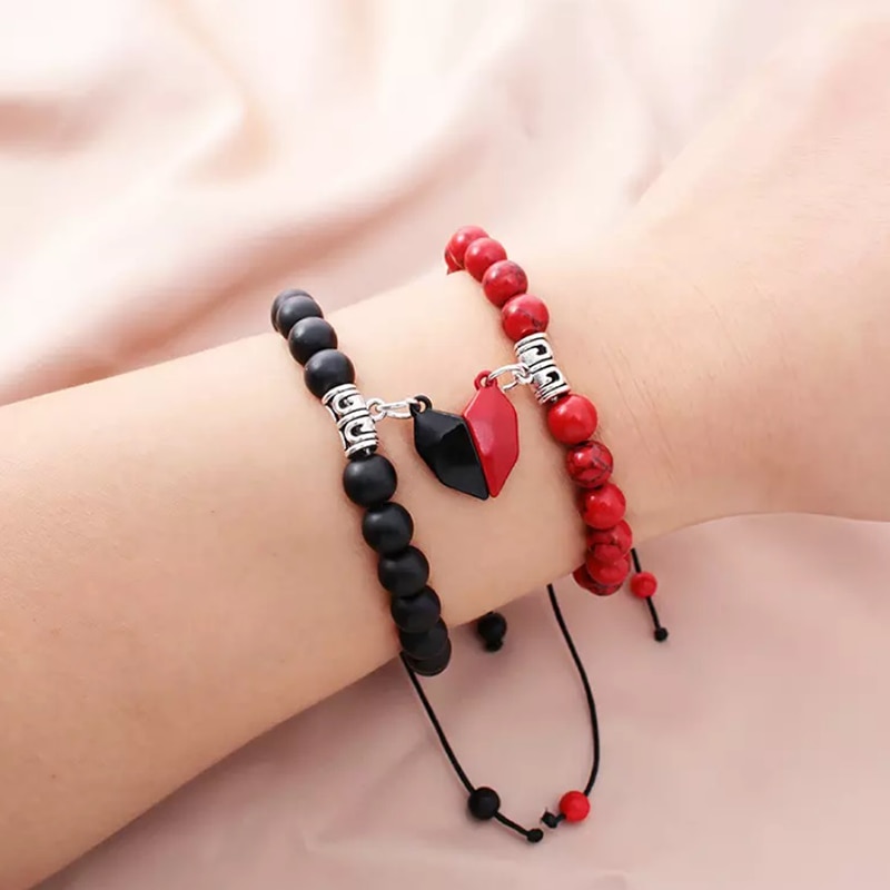 Set bratari cuplu cu inimioara magnet din roca semipretioasa, reglabile ...