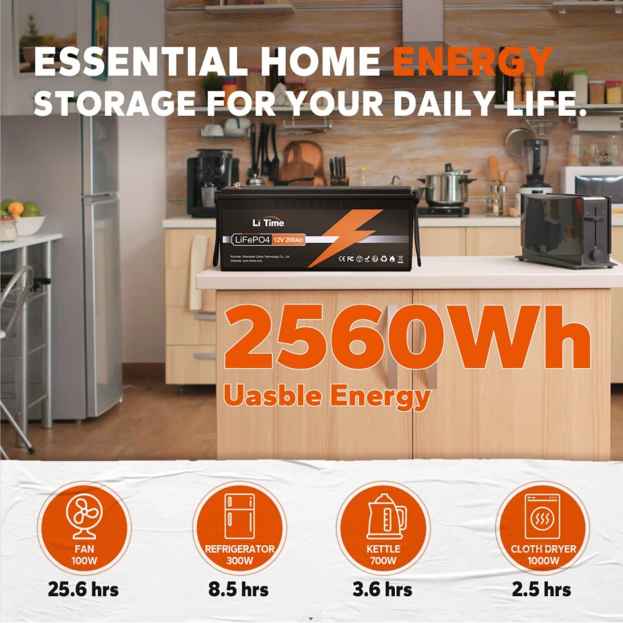 Литиев акумулатор LiFePO4 LiTime, Мултифункционален, 12V, 200Ah, BMS ...