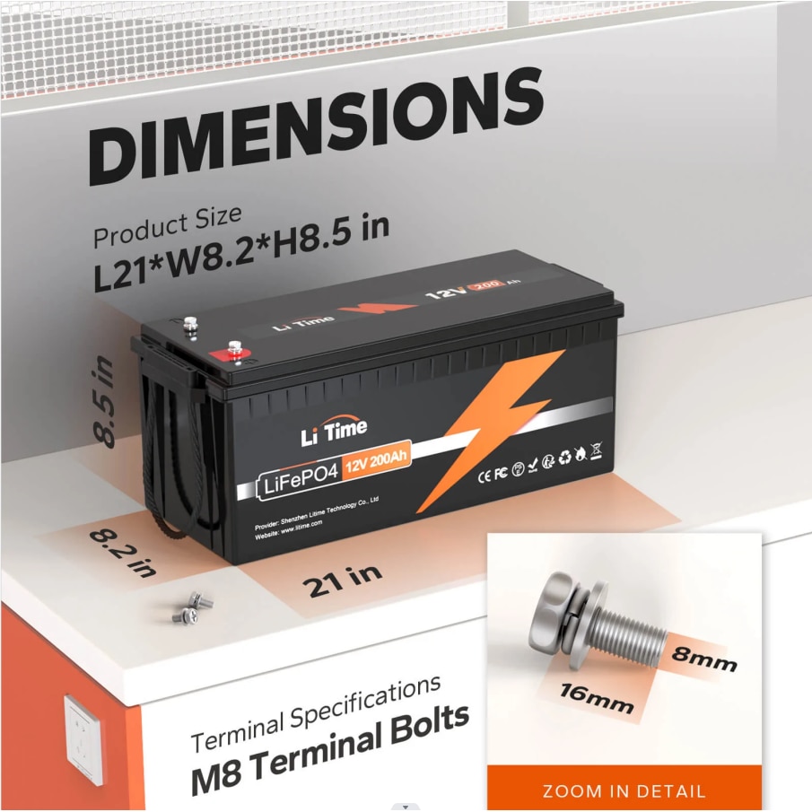 Литиев акумулатор LiFePO4 LiTime, Мултифункционален, 12V, 200Ah, BMS ...