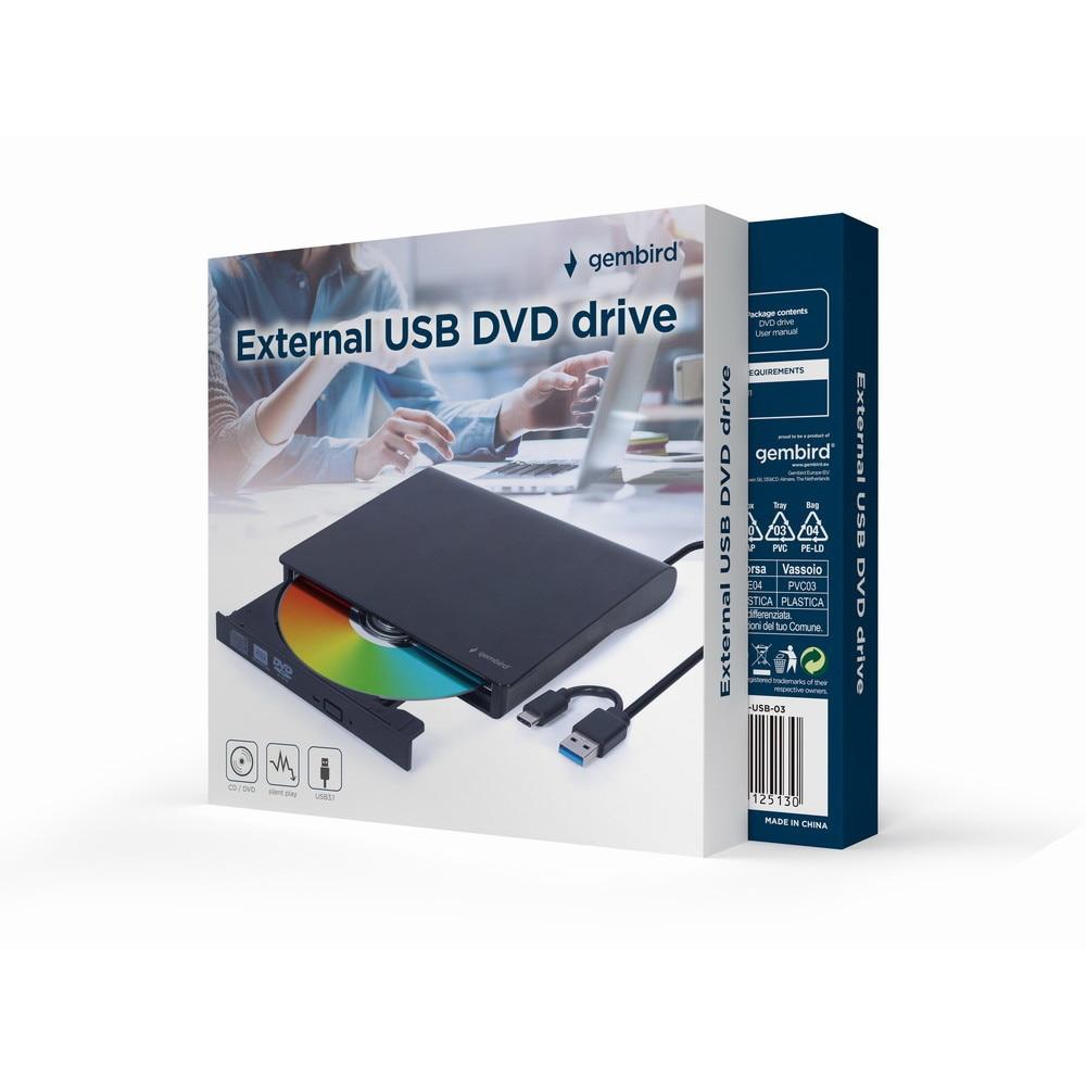 Scriitor/cititor DVD extern cu USB-C/USB-A, Gembird DVD-USB-03, Negru ...