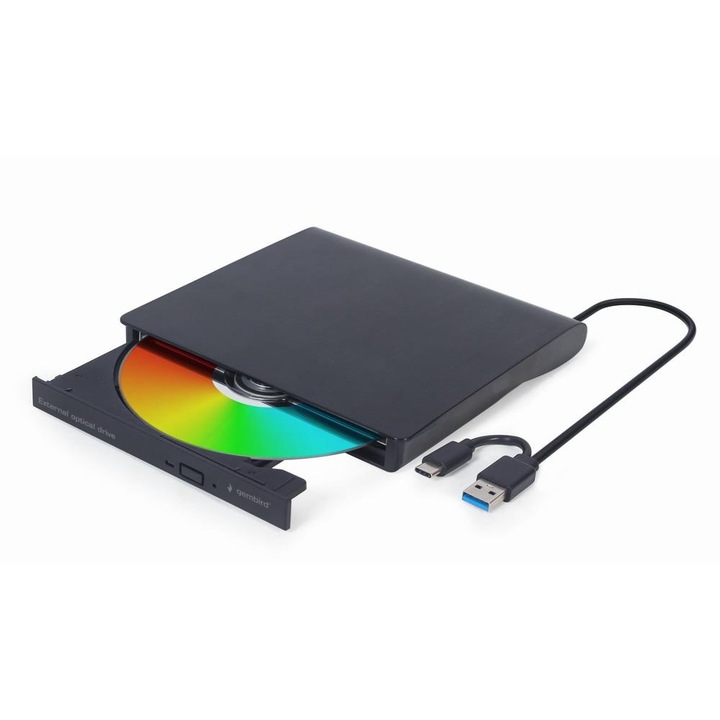 Scriitor/cititor DVD extern cu USB-C/USB-A, Gembird DVD-USB-03, Negru ...