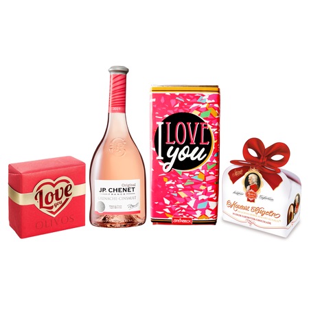 Set gourmet I Love You cu vin miniatura 25 ml, praline din ciocolata ...
