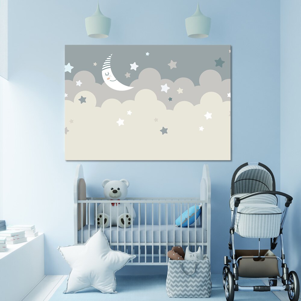Tablou pentru copii, Luna dormind in nori, 90x65cm, Multicolor - eMAG.ro