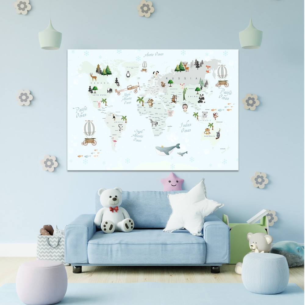 Pictura pentru copii pe panza, Harta lumii cu copaci si animale, 130x95 ...