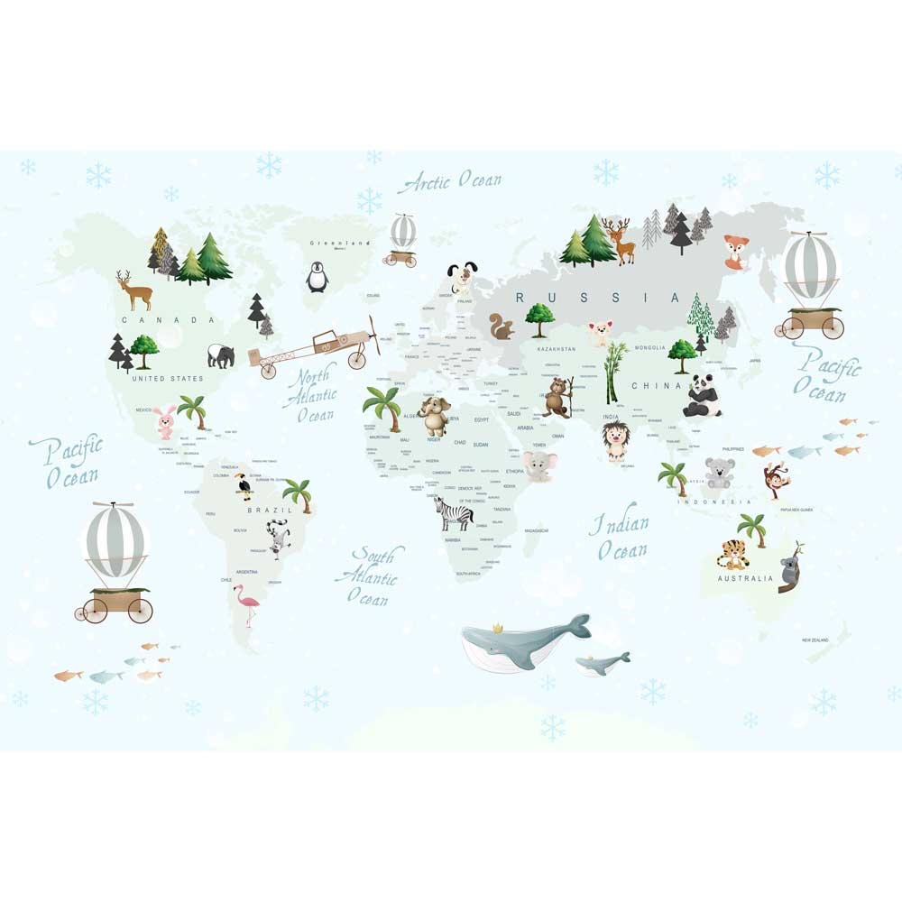 Pictura pentru copii pe panza, Harta lumii cu copaci si animale, 130x95 ...