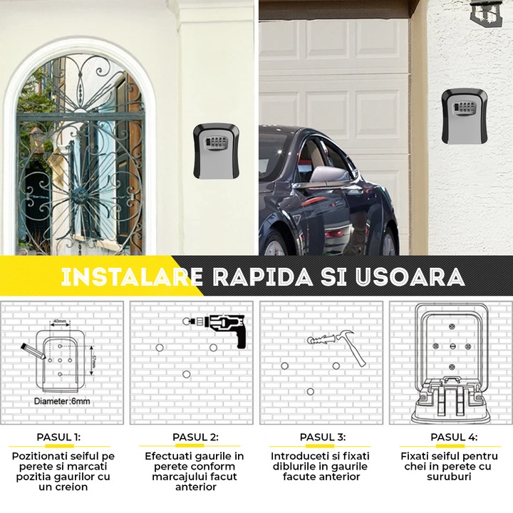 Set 2 cutii cu cifru pentru depozitare chei, montare pe perete, 115 X ...