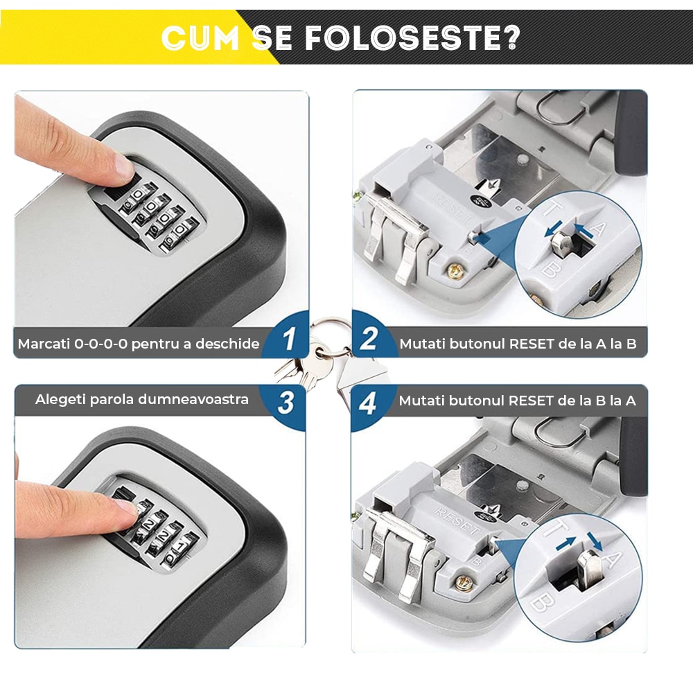 Set 2 cutii cu cifru pentru depozitare chei, montare pe perete, 115 X ...