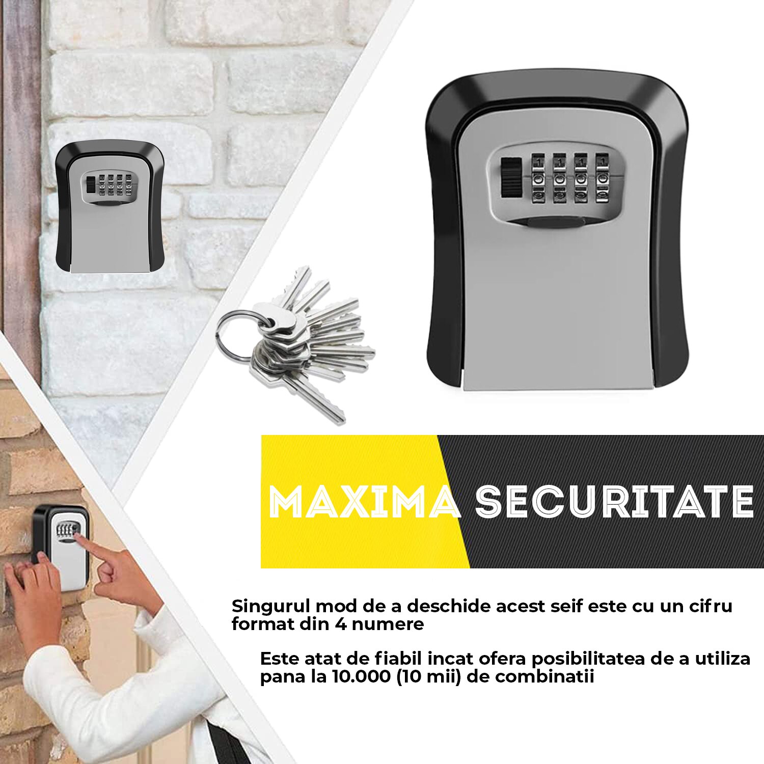 Set 2 cutii cu cifru pentru depozitare chei, montare pe perete, 115 X ...