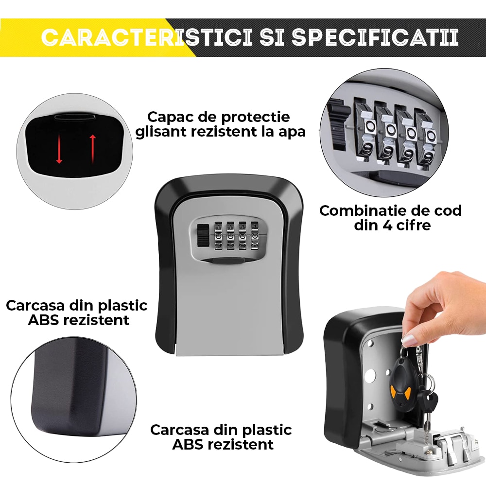 Set 2 cutii cu cifru pentru depozitare chei, montare pe perete, 115 X ...