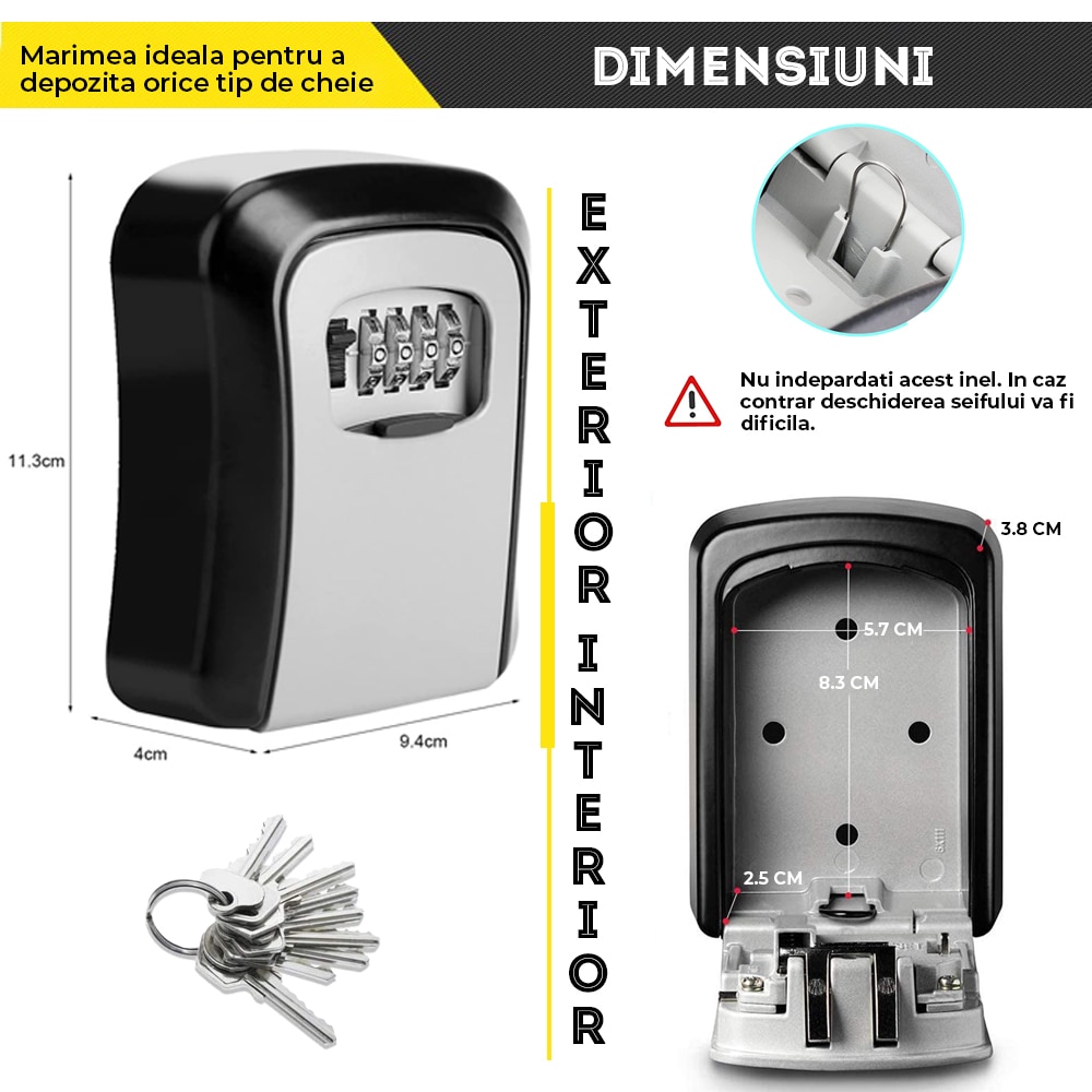 Set 2 cutii cu cifru pentru depozitare chei, montare pe perete, 115 X ...