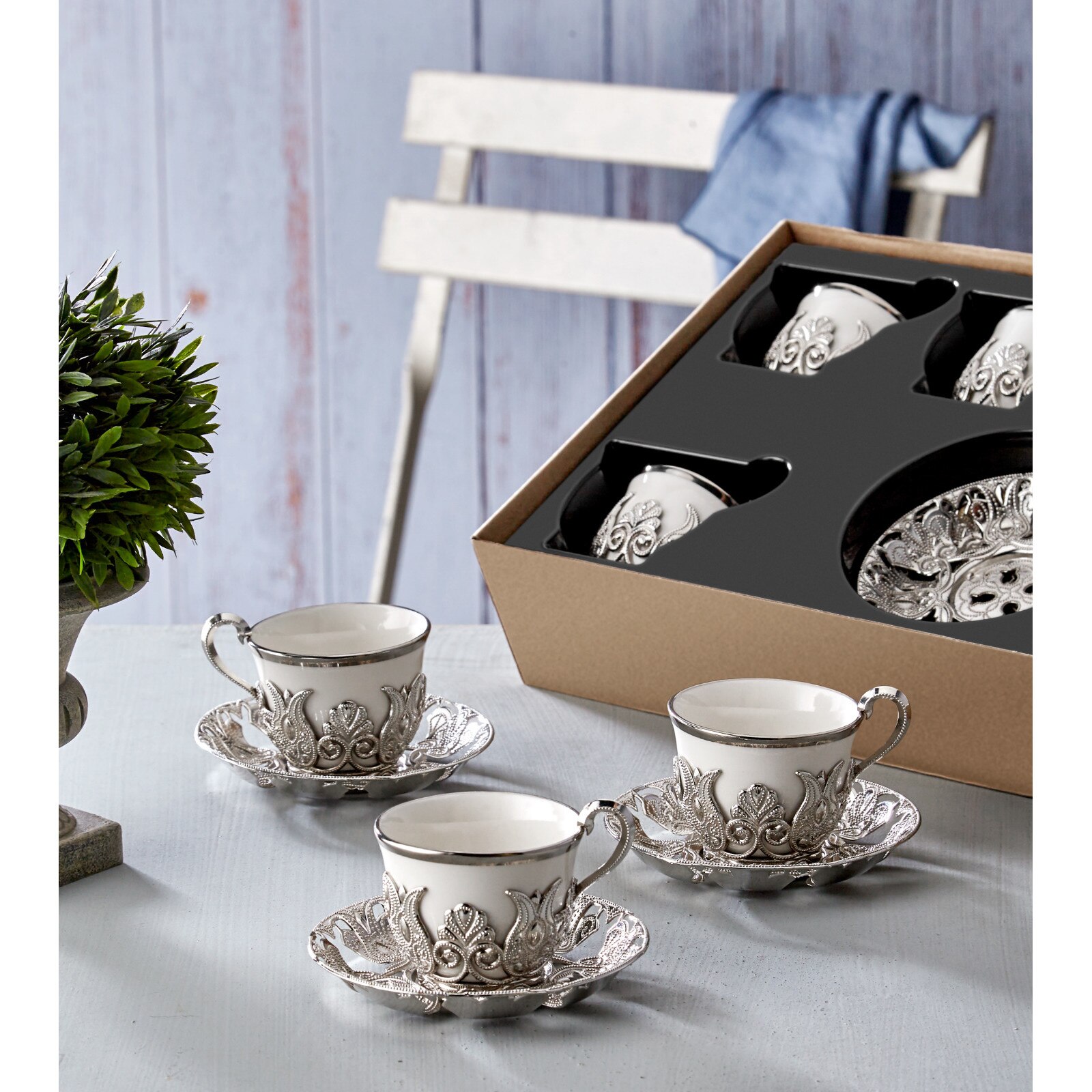 Set cafea 6 persoane stil oriental, AYVALI model Lina, 12 piese, Zamac ...