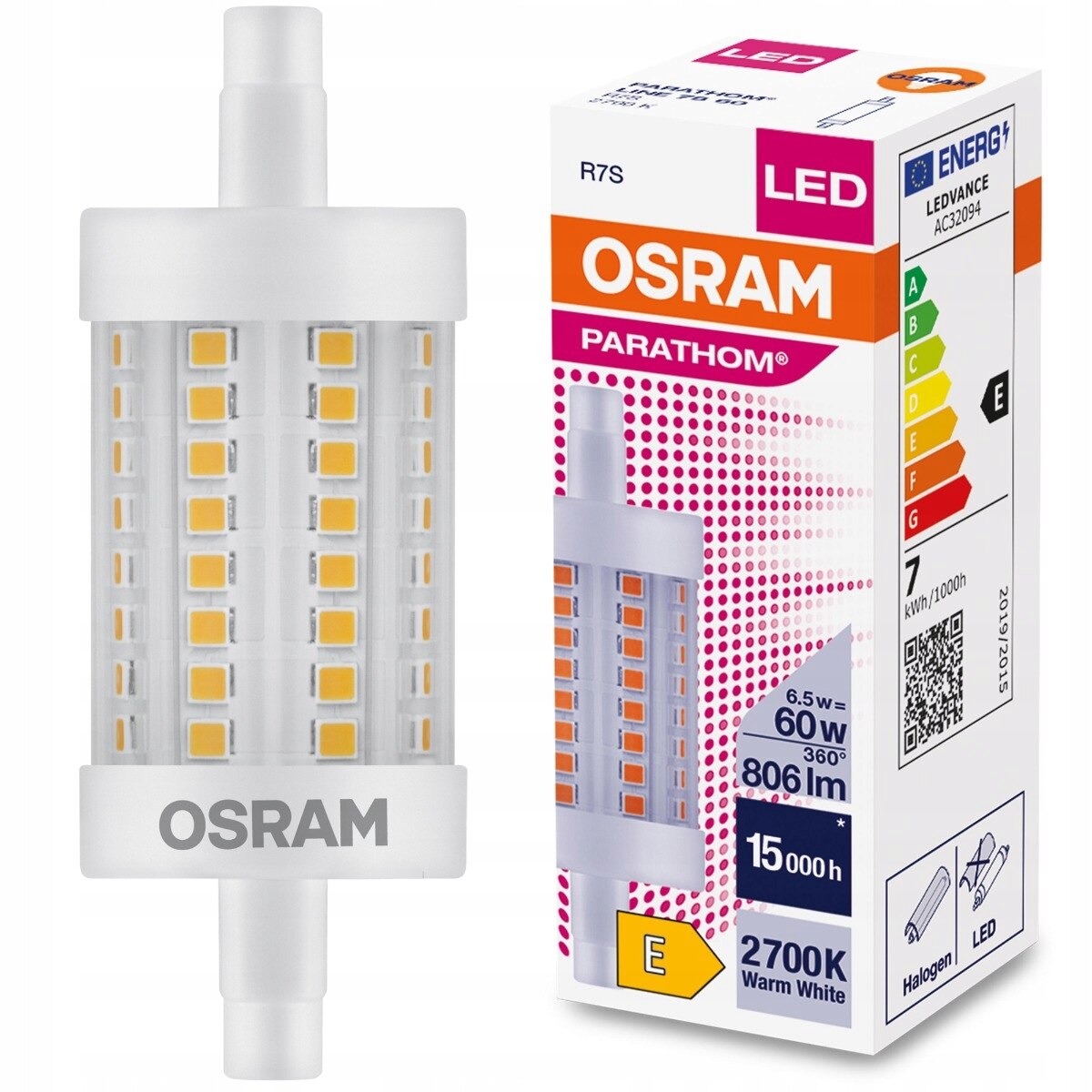 Bec LED Osram, R7s, 78 mm, 6.5W = 60W, 806lm, 2700K, alb cald - eMAG.ro
