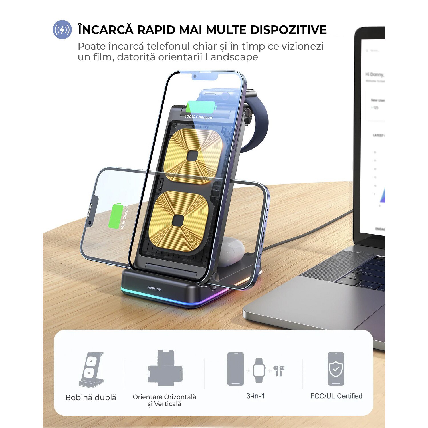 Incarcator Wireless 3 in 1, Fast Charge 18W, Compatibil iPhone, Samsung ...