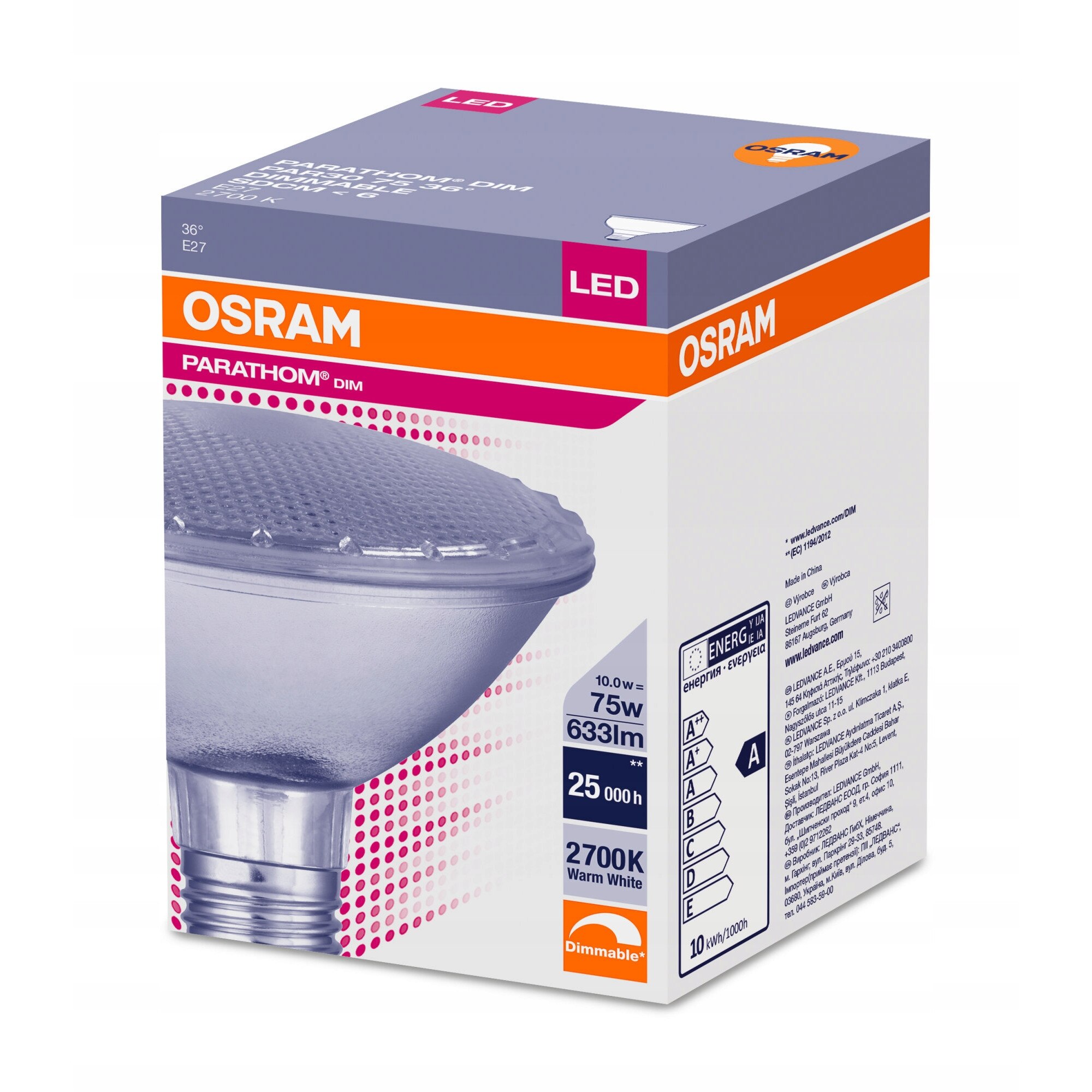 Bec LED Osram, E27, PAR30, 10W = 75W, 633lm, 2700K, Alb cald - eMAG.ro