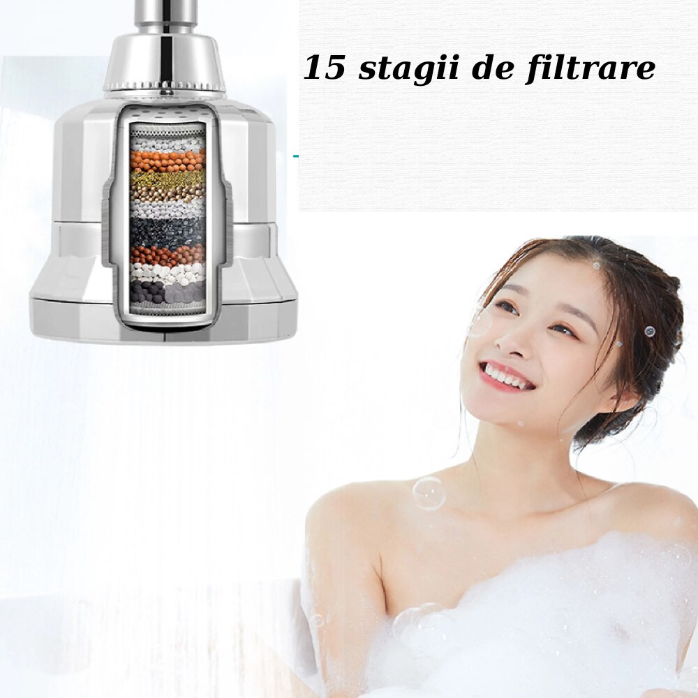 Filtru de apa pentru dus cu 15 stagii de filtrare, eliminare rapida a ...