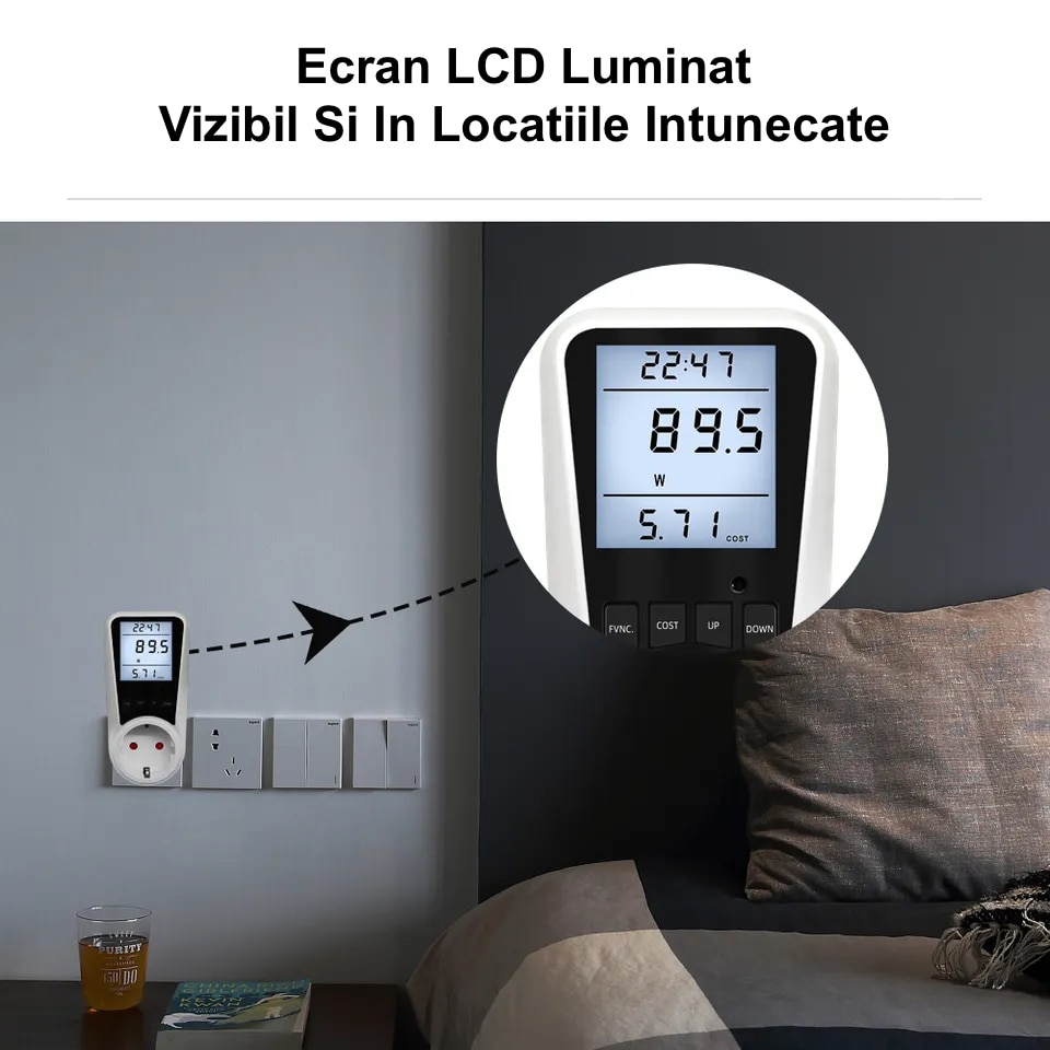 Priza cu Contor de Energie, Display Luminat LCD, Monitorizare Consum ...