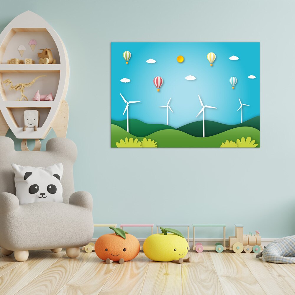 Pictura pentru copii pe panza, Eoliene si baloane, 55x40 cm, Multicolor ...