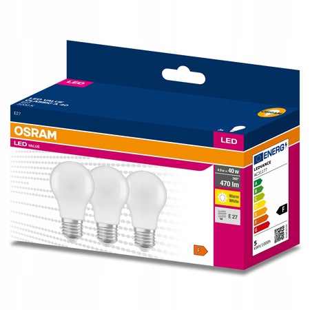 Set 3 Becuri LED, Osram, E27, A60, 4.9W = 40W, 470lm, 3000K, Alb Cald - eMAG.ro