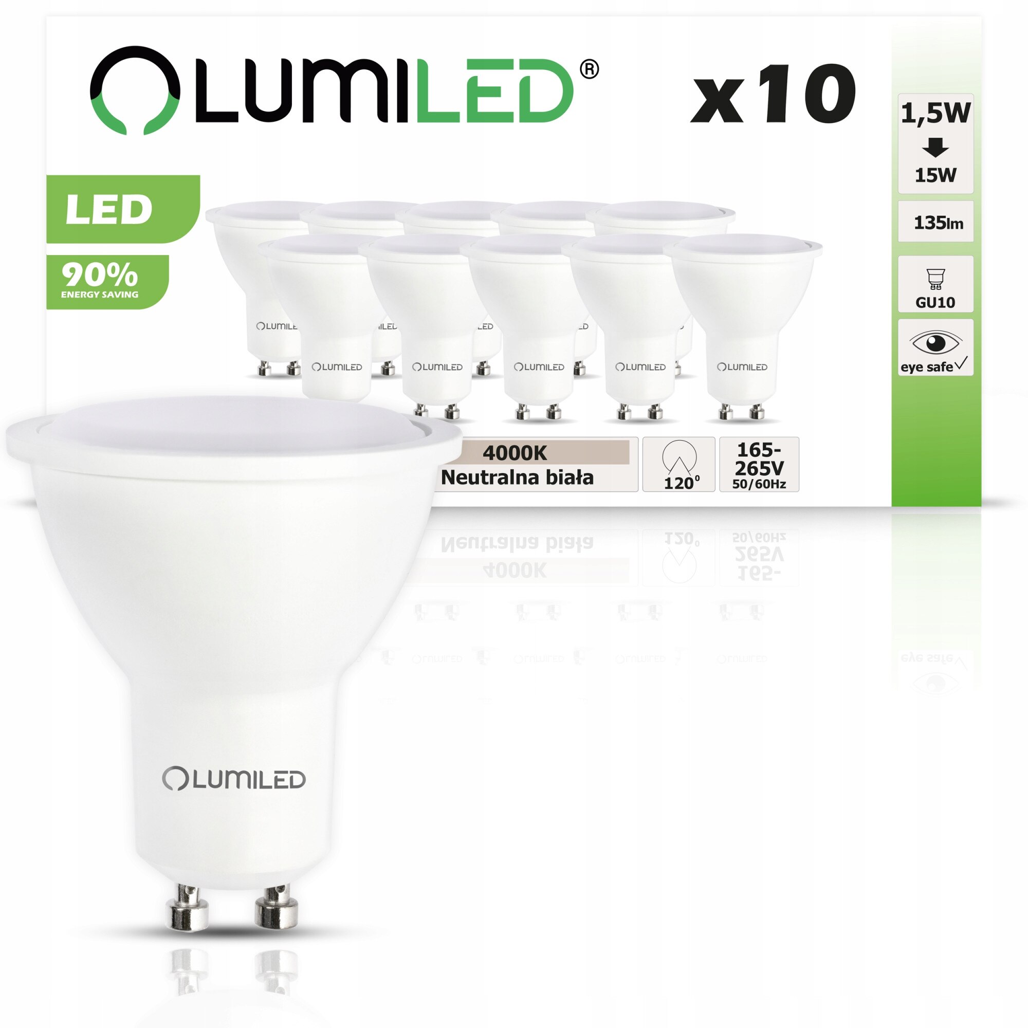 Set 10 becuri, Lumiled, GU10, PAR16, 1,5W = 15W, 4000K, Alb neutru ...