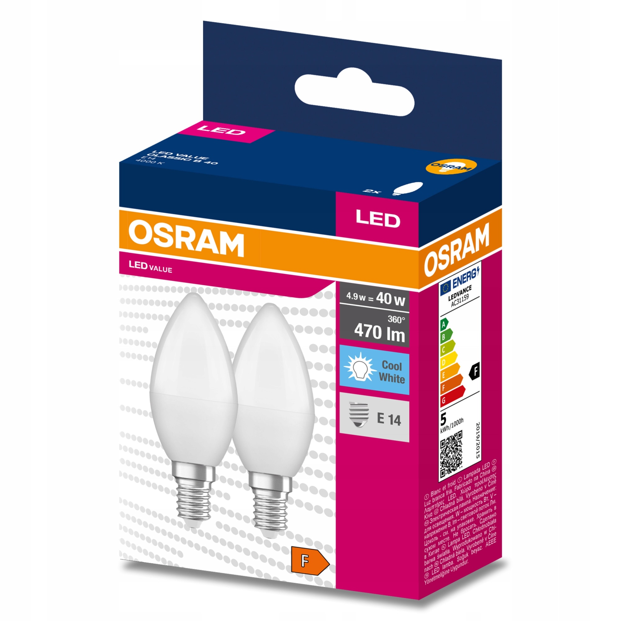 Set 2 Becuri LED, Osram, E14, B35, 4.9W = 40W, 470lm, 4000K, Alb Neutru - eMAG.ro