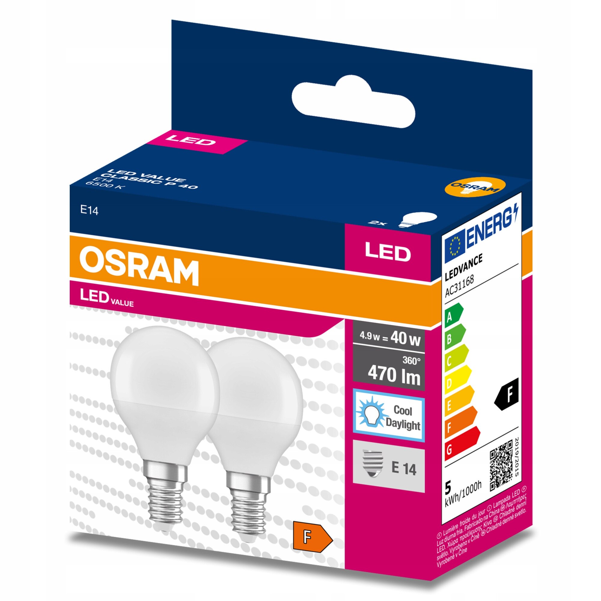 Set 2 Becuri Led Osram E14 P45 4 9w 40w 470lm 6500k Alb Rece