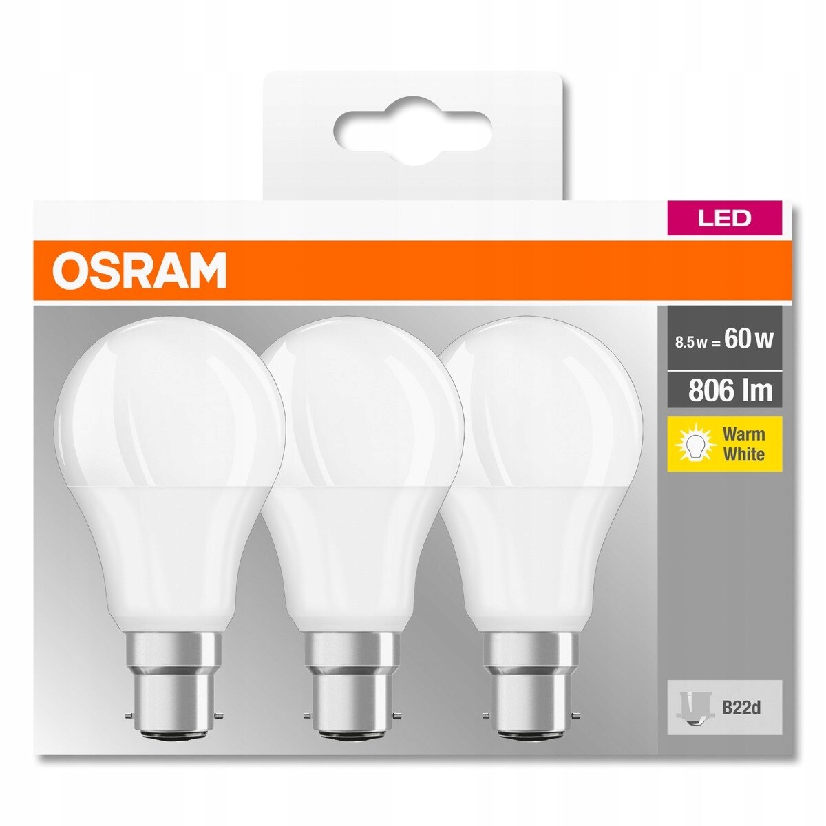 Osram LED izzó, B22d, A60, 8.5W = 60W, 806lm, 2700K, meleg fehér - eMAG.hu