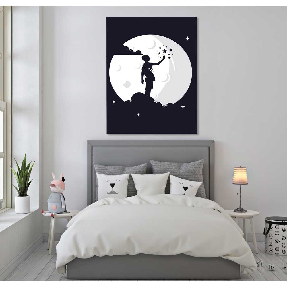Pictura pentru copii pe panza, Copil picteaza luna, 95x130 cm, Albastru ...