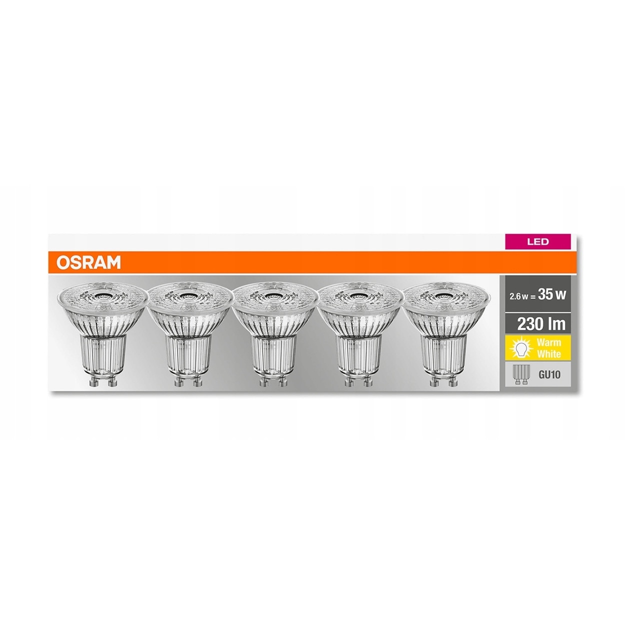 Set 5 becuri LED, Osram, Sticla, GU10, 2.3 W, 2700K, 36D, 55 x 51 mm, Alb cald - eMAG.ro