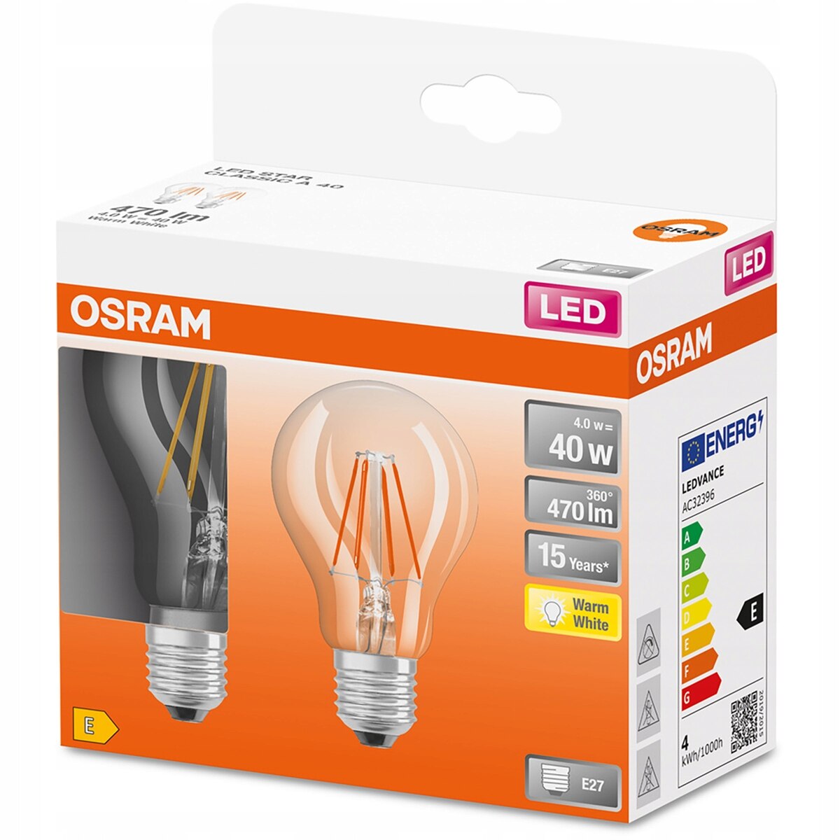 Set 2 becuri, Osram, E27, A60, 4W = 40W, 470lm, 2700K, Alb Cald - eMAG.ro